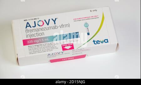 Ajovy, one of four newly FDA approved migraine preventatives. Close up ...