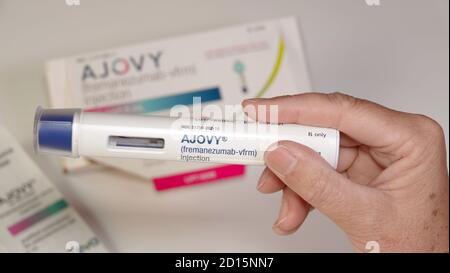 Ajovy, one of four newly FDA approved migraine preventatives. Close up ...