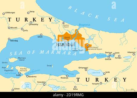 The Bosporus or Bosphorus, political map. The Strait of Istanbul, a ...