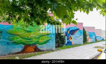 June 5th 2018, Sliven, Bulgaria: Folklore themed graffiti on an empty ...