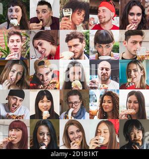 Cheerful males and females eating different food on picnic Stock Photo ...