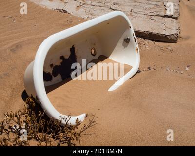 Old white bath in the sand, Kolmanskop, Namibia. Black and white image ...