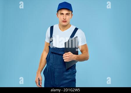 Delivery service man worker rendering service blue background Stock ...