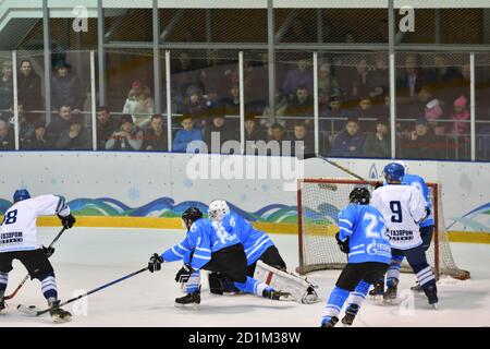 Orenburg, Russia - April 5, 2017 year: men play hockey on ice hockey ...