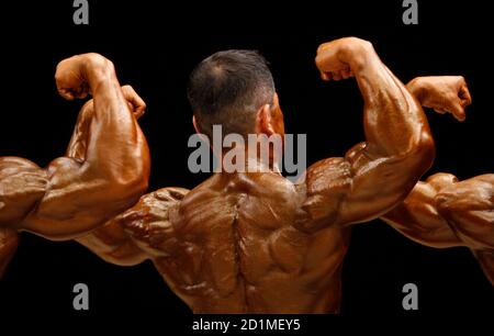 male and female bodybuilders flexing their muscles for a crowd Stock ...
