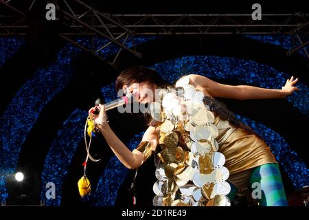 Karen O lead singer in the Yeah Yeah Yeahs performing at the Bowery ...
