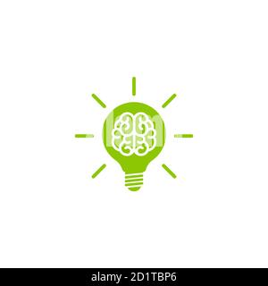 Green bulb with brain and rays flat icon. Isolated on white. New ...