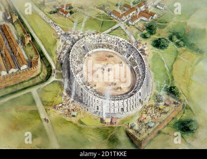 An aerial view of the Roman-era amphitheater carved into the pink ...