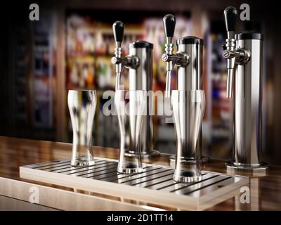 Beer taps on bar counter. 3D illustration Stock Photo - Alamy