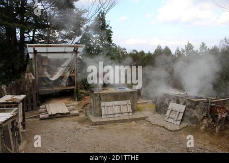 Traditional Japanese egg boiling method using steam of hotspring Stock ...