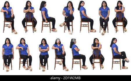 front view of same woman sitting chair, various poses on white ...