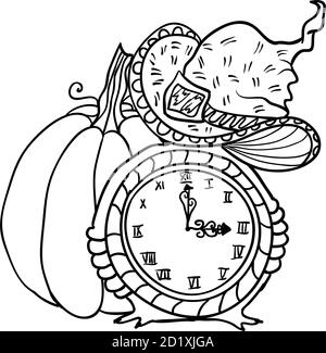 Witch hat and clock, Halloween doodles. Isolated vector illustration in ...