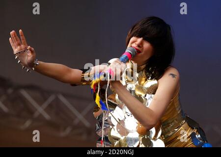 Karen O lead singer in the Yeah Yeah Yeahs performing at the Bowery ...