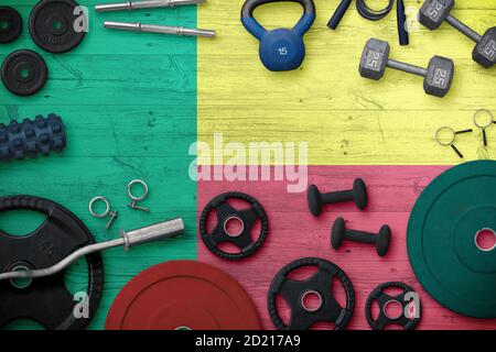 Benin gym concept. Top view of heavy weight plates with iron bar on ...