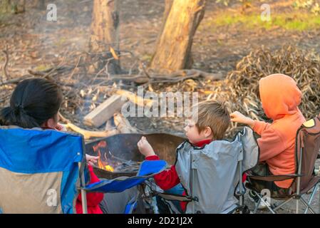 Kids burning fire at Kuitpo forest camping ground while their mother ...