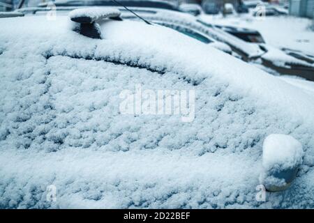 Frozen car side window covered with frost on cold winter morning Stock ...