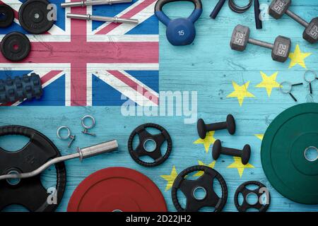 Tuvalu sports club concept. Top view of heavy weight plates with iron ...