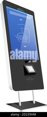 Self order kiosk realistic 3d vector mockup. Vending machines with sensor panel and pos terminal ...