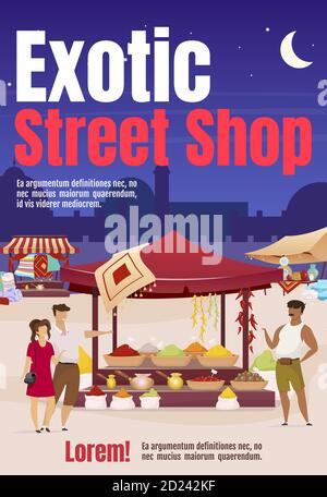 Night bazaar poster flat vector template. Turkey, Egypt street market ...