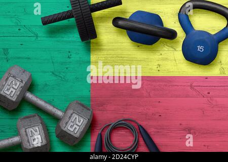 Benin gym concept. Top view of heavy weight plates with iron bar on ...