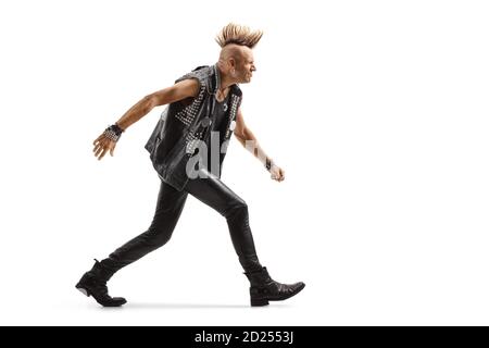 Angry punk rocker with a mohawk running with a baseball bat isolated on ...