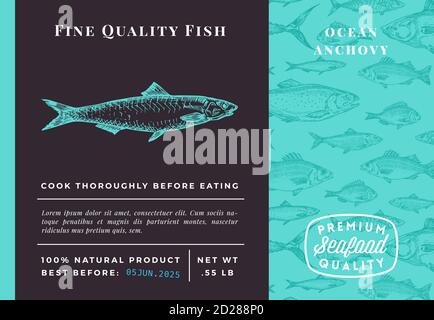 Premium Quality Anchovy. Abstract Vector Fish Packaging Design or Label ...