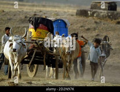 Villagers transport drinking water in plastic containers on their ...