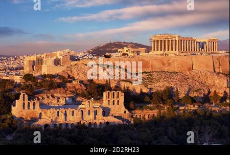 Athens skyline panorama with Acropolis in Greece from peak Lycabettus at night Stock Photo - Alamy