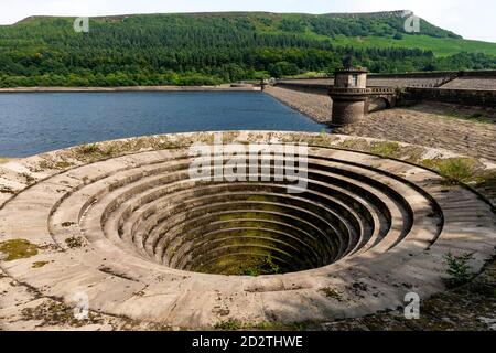 Bellmouth overflow with low water levels at Ladybower Reservoir,Peak ...