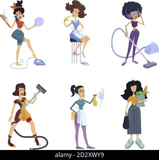 Housewife doing housework. Women cooking meal, washing clothes ...