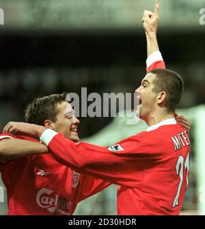 Dominic Matteo celebrates scoring for Liverpool against Huddersfield ...