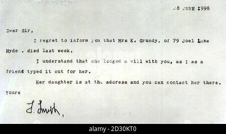 A letter forged by Dr Harold Shipman allegedly from 81-year-old former ...