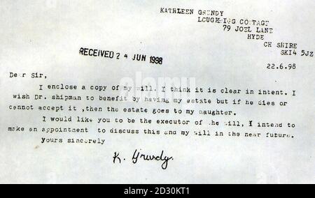 A forged letter by Dr Harold Shipman using the false name and signature ...