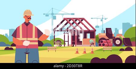 Building house. Work process of buildings construction and machinery ...