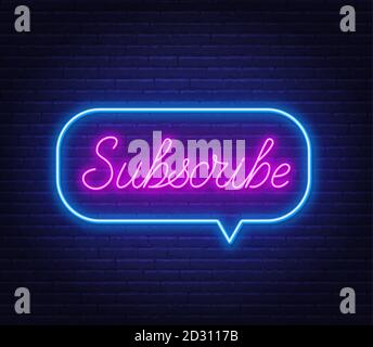 Neon sign subscribe in speech bubble frame on brick wall background ...
