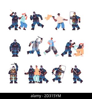 mix race policemen in tactical gear standing together riot police ...