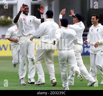 England's Alex Tudor celebrates taking the wicket of Australia's ...