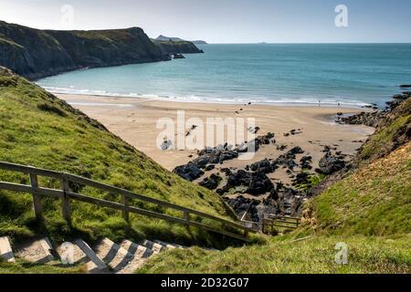 Steps down to Traeth Llyfn beach near Abereiddy, Pembrokeshire, Wales ...