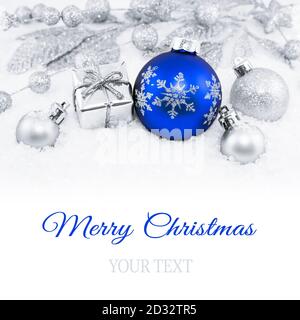 Blue and Silver Christmas ball and ornament on dark background Stock ...