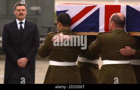 The coffin of 24-year-old Sapper Luke Allsopp is carried from an RAF ...
