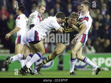 England v Australia. Australia's Jason Stevens is tackled by England's ...