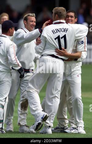Lancashire's Kyle Hogg celebrates with team mates after taking Paul ...