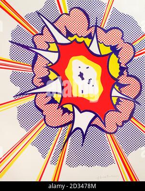 Roy Lichtenstein, American pop artist, in his studio, working on one of ...