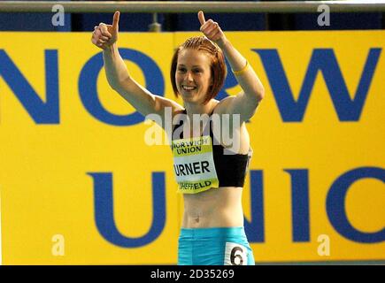 Laura Turner celebrates after winning the Womens 60m race during the ...