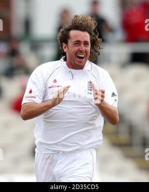 England's Ryan Sidebottom celebrates taking another wicket during The ...