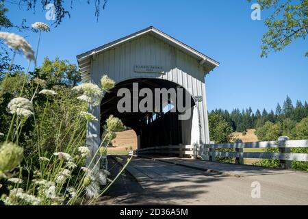 Historic Harris wooden covered bridge over the Mary's River near Wren ...