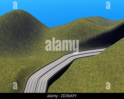 wide road runs through the hilly landscape Stock Photo - Alamy
