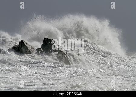 Flooded cliffs wirh big wave splash. Northern portuguese rocky coast ...
