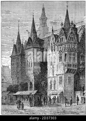 An engraving of a 16th century european construction technique using a ...