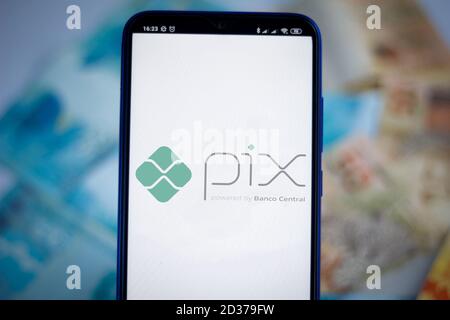 In this photo illustration the Pix powered by Banco Central logo seen ...